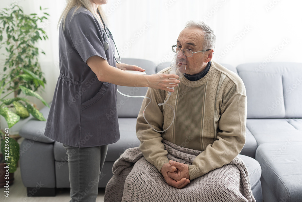 Elderly Senior Man nursing care wear oxygen inhaler device for helping ...
