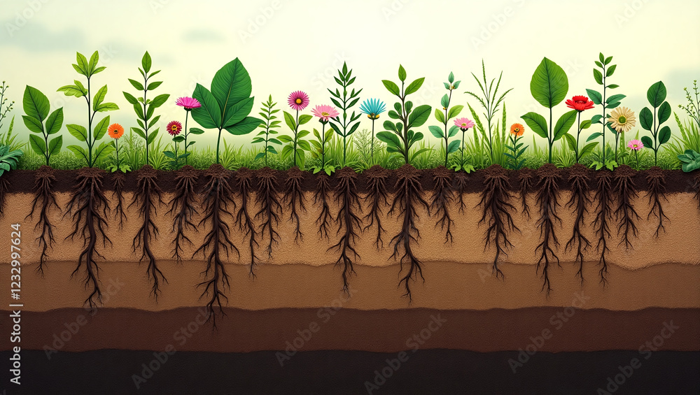 Plants Roots Growing Through Soil Layers Cross-Section, Types of Layers ...