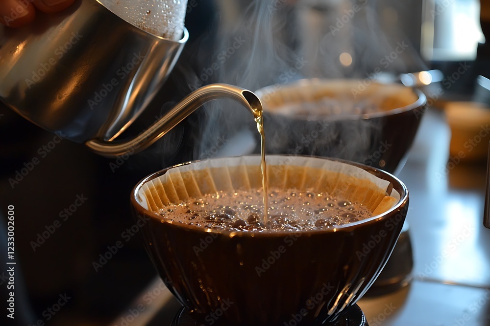 Steaming hot coffee brewed from freshly ground beans, a before-and ...