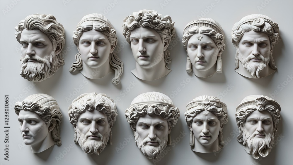 Collection of ancient Greek god and goddess busts in classical style ...