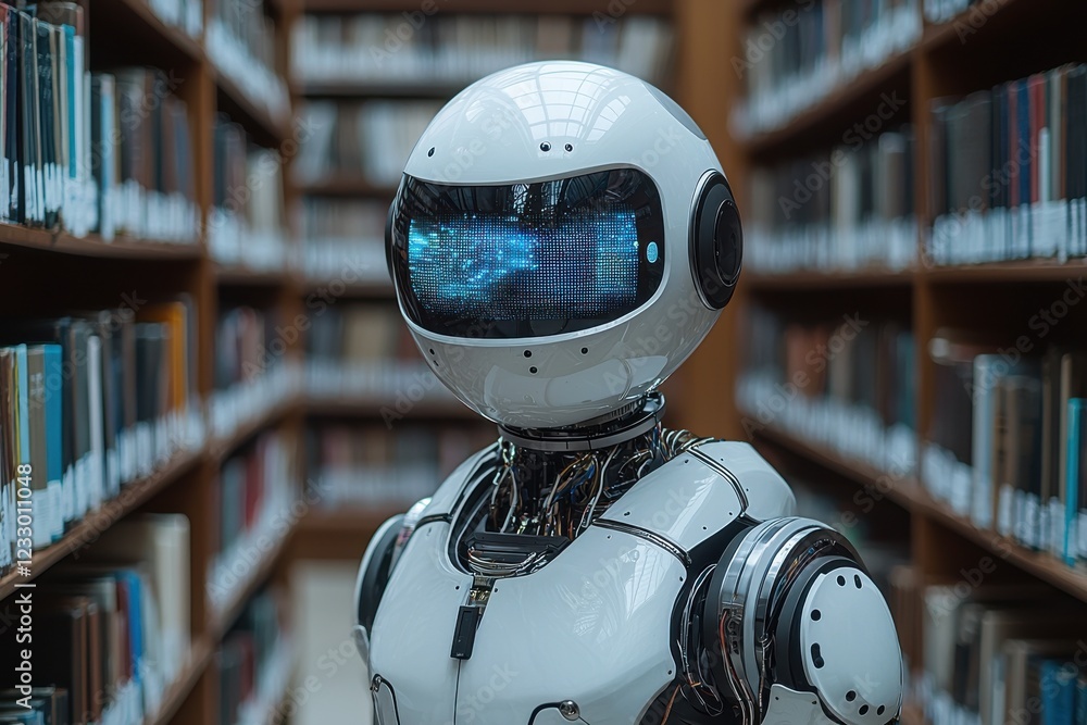 Robot exploring a library with shelves filled with books and advanced ...