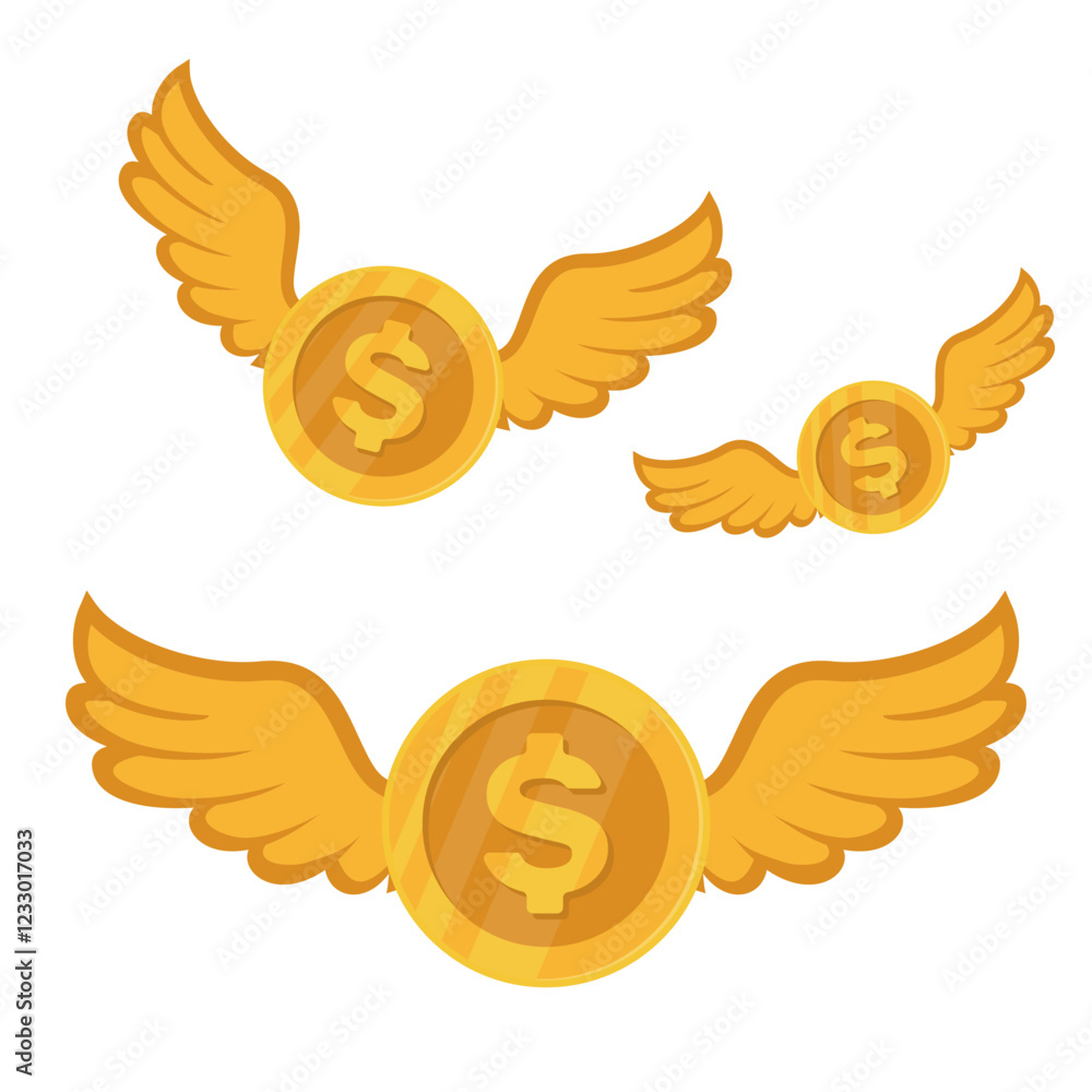 Golden Dollar Coin with Wings Flying – Vector Illustration Isolated on ...