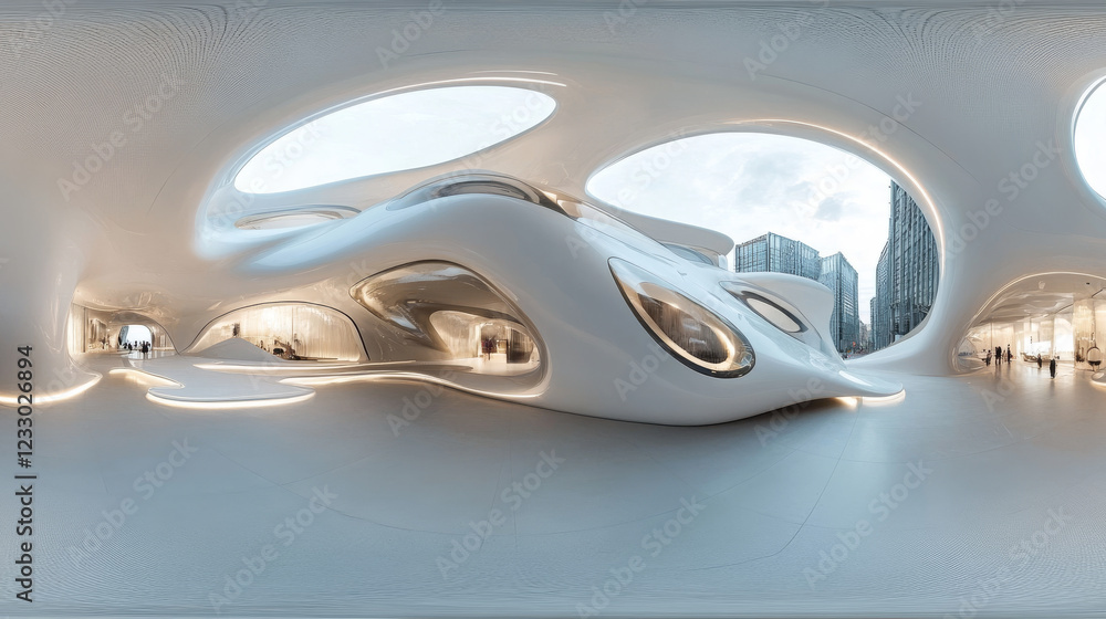 360 degree full panorama view of modern white futuristic technology ...