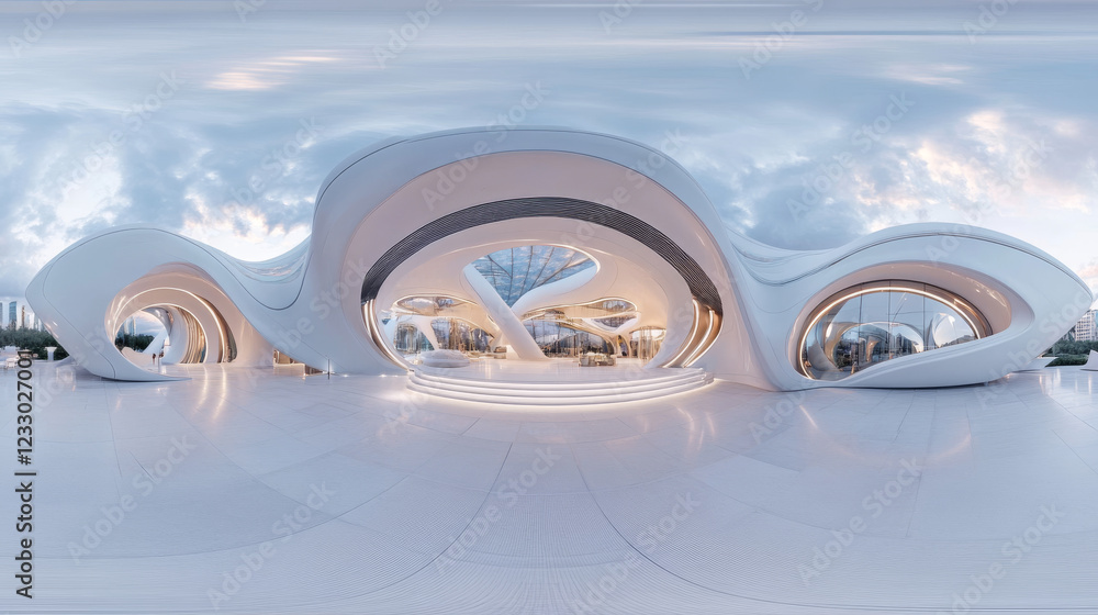 360 degree full panorama view of modern white futuristic technology ...