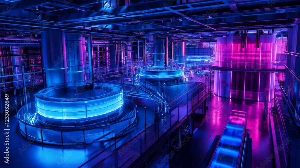 360 degree panorama of neon light industrial basement room with cyber ...