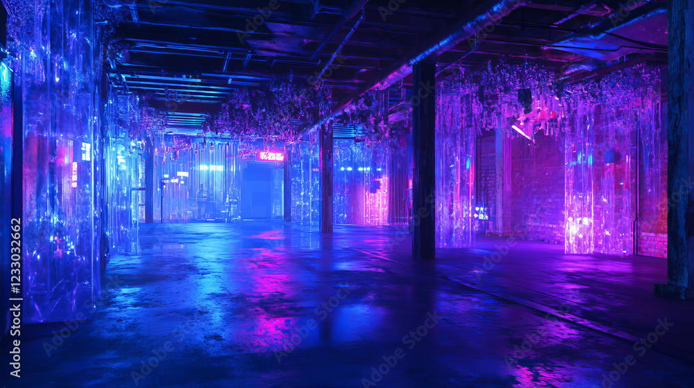360 degree panorama of neon light industrial basement room with cyber ...