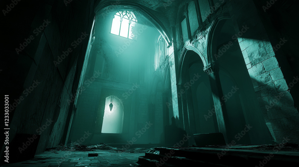 dark basement vault cathedral concrete stone vault building interior 3d ...