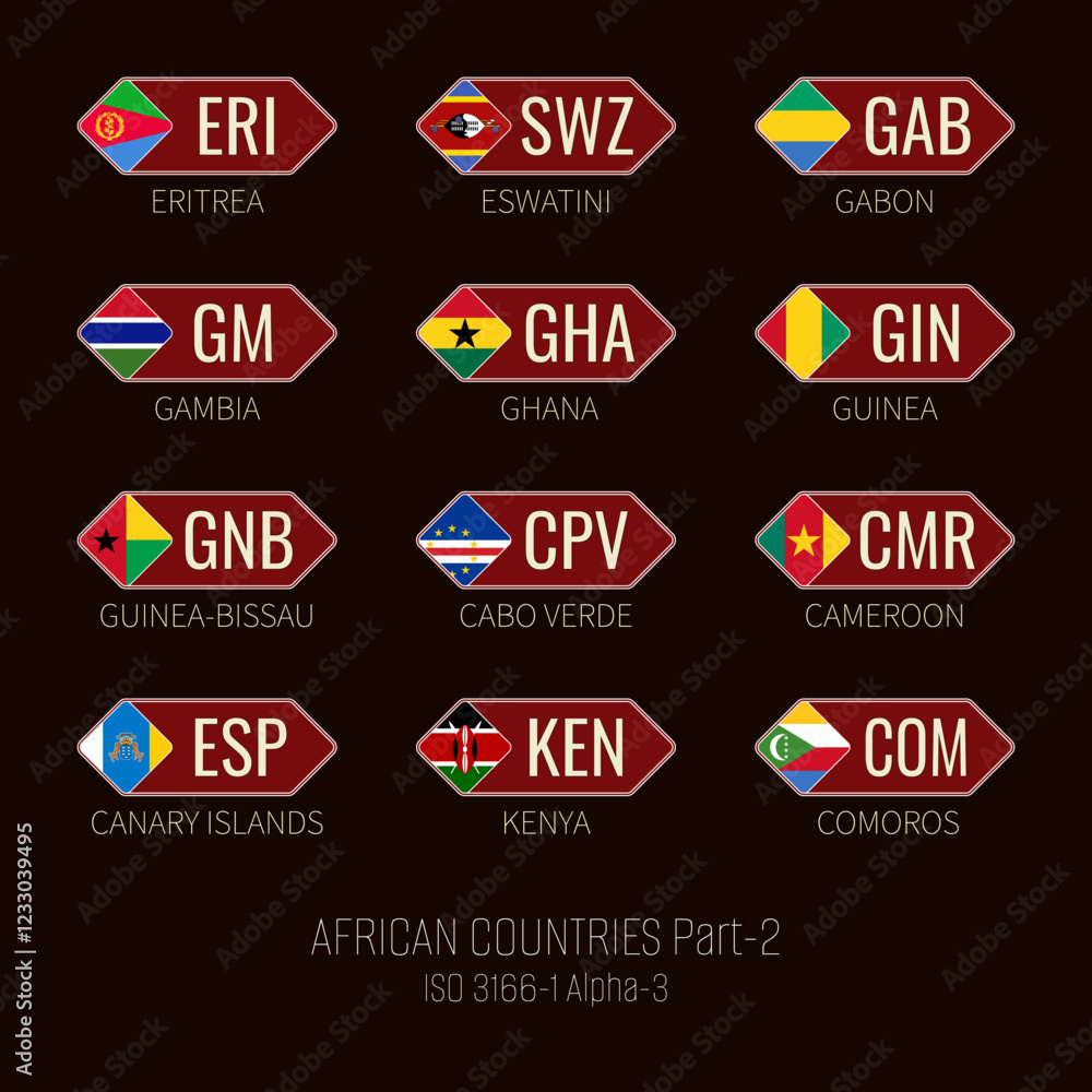 Set of vector illustrations of ISO 3166 1 alpha 3 and flags of African ...