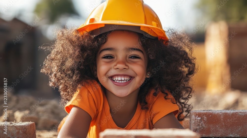 Child with safety helmet smiling on construction site, showcasing ...