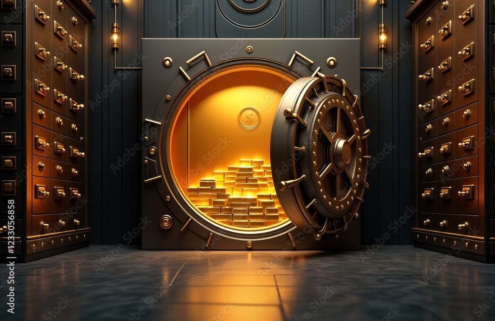 Huge bank vault with open door. Inside vault gold bars. Money visible ...