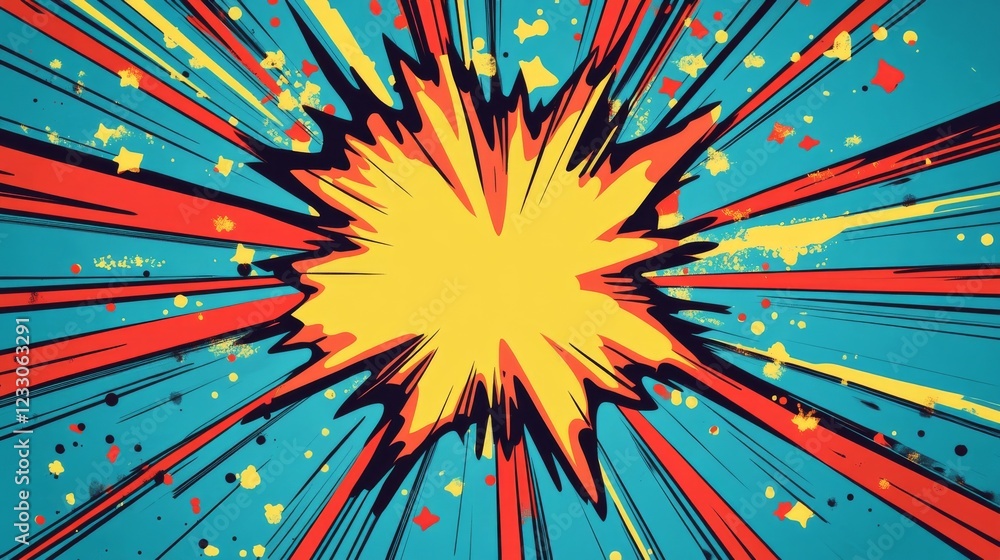 Colorful comic design with an explosion effect and starbursts. The bold ...