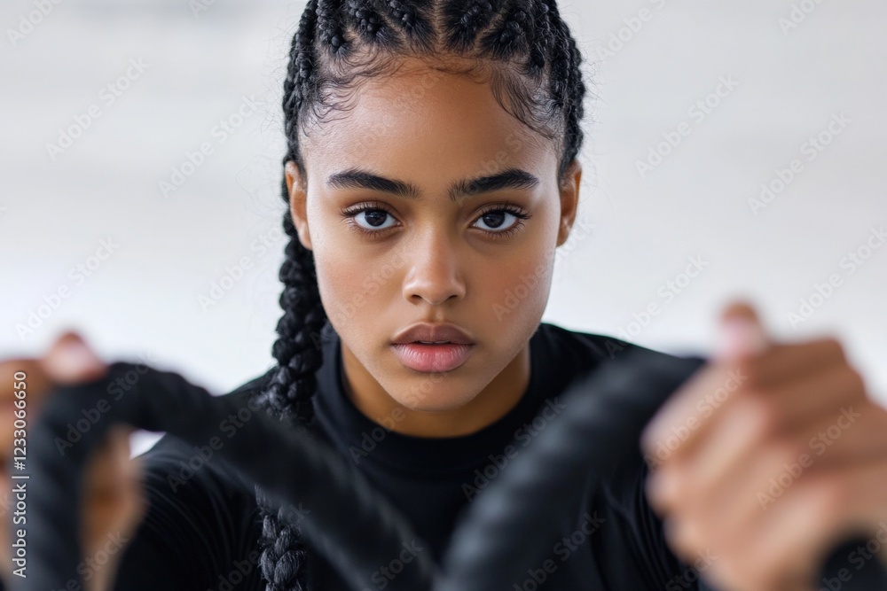 determined female athlete pulling on battle ropes during a workout ...