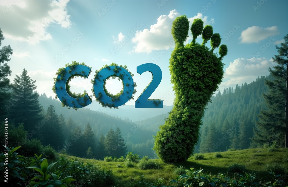 Eco friendly concept photo shows CO2 footprint against woodland ...