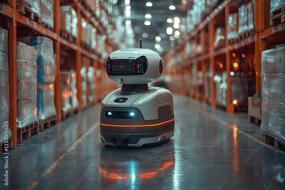 Warehouse robot navigating aisles while assisting in inventory management at a distribution ...