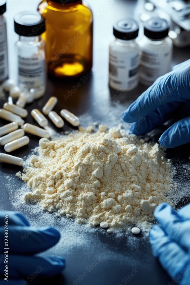 Pharmaceutical production process with researchers handling powdered ...
