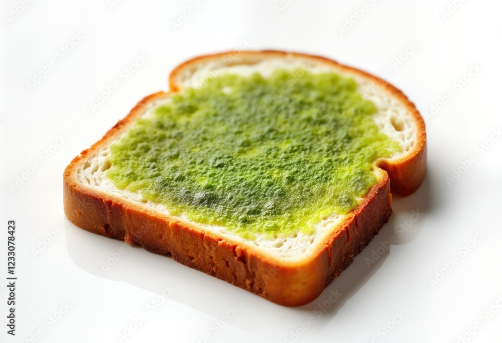 [BAB] å_Close-up view of moldy bread slice. Visible green mold on white ...