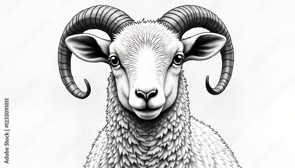 Detailed line drawing of lamb head. Highlights fluffy fur. Farm animal ...