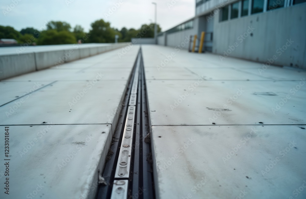 Concrete rooftop parking area shows expansion joint. Rubber strip with ...