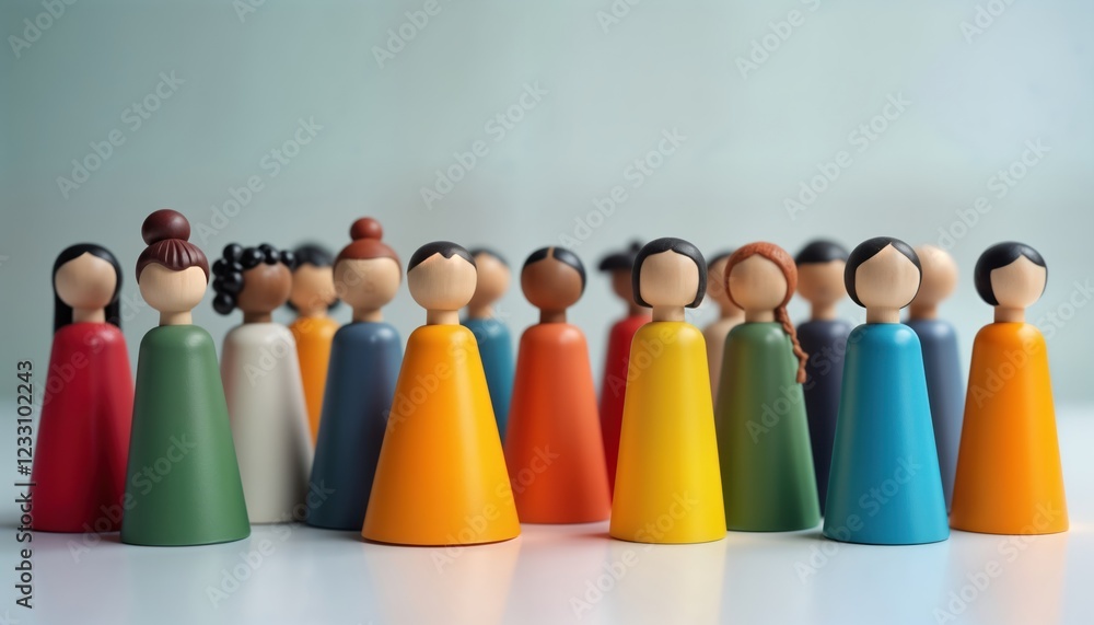 Diverse group of colorful figurines stand in row. Representing unity, equal opportunity in ...