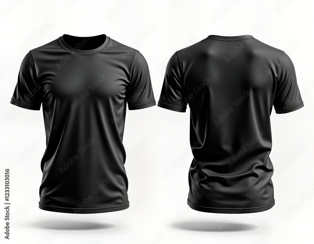 Blank black t-shirt mockup shows front and back views. Realistic folds ...