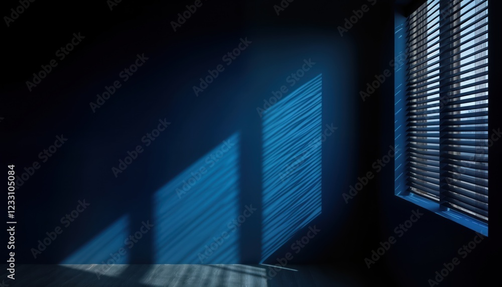 Dark blue room interior shows light rays from window louvers. Shadows ...