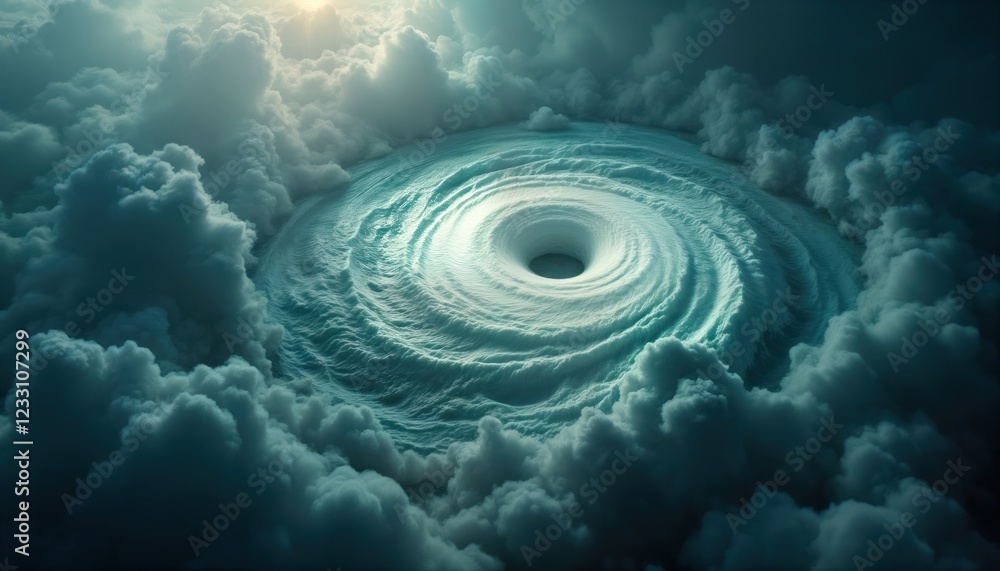Massive hurricane swirling above dark clouds. Powerful winds, heavy ...