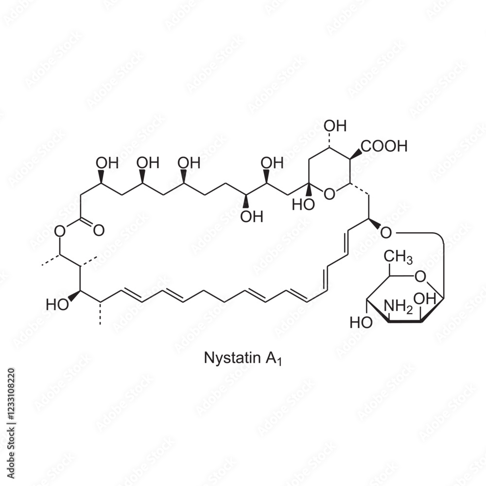 Nystatin A1 skeletal structure.Polyene Antibiotic compound schematic ...