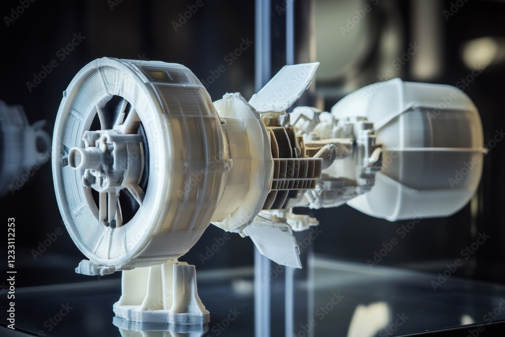 Detailed model of a futuristic engine displayed in a museum exhibition ...