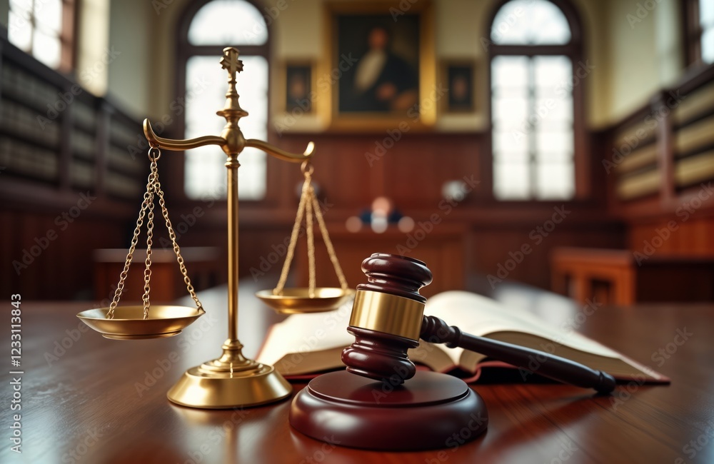 Photo Stock Wooden gavel scales, book in courtroom. Legal system ...