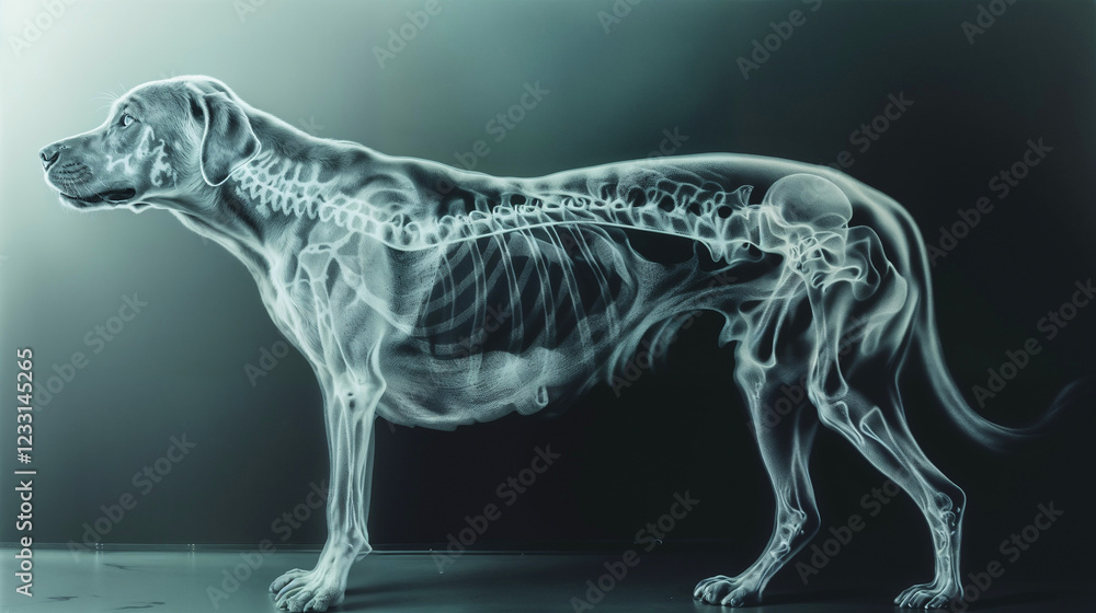 X-ray visualization of standing dog anatomy showing detailed skeletal ...