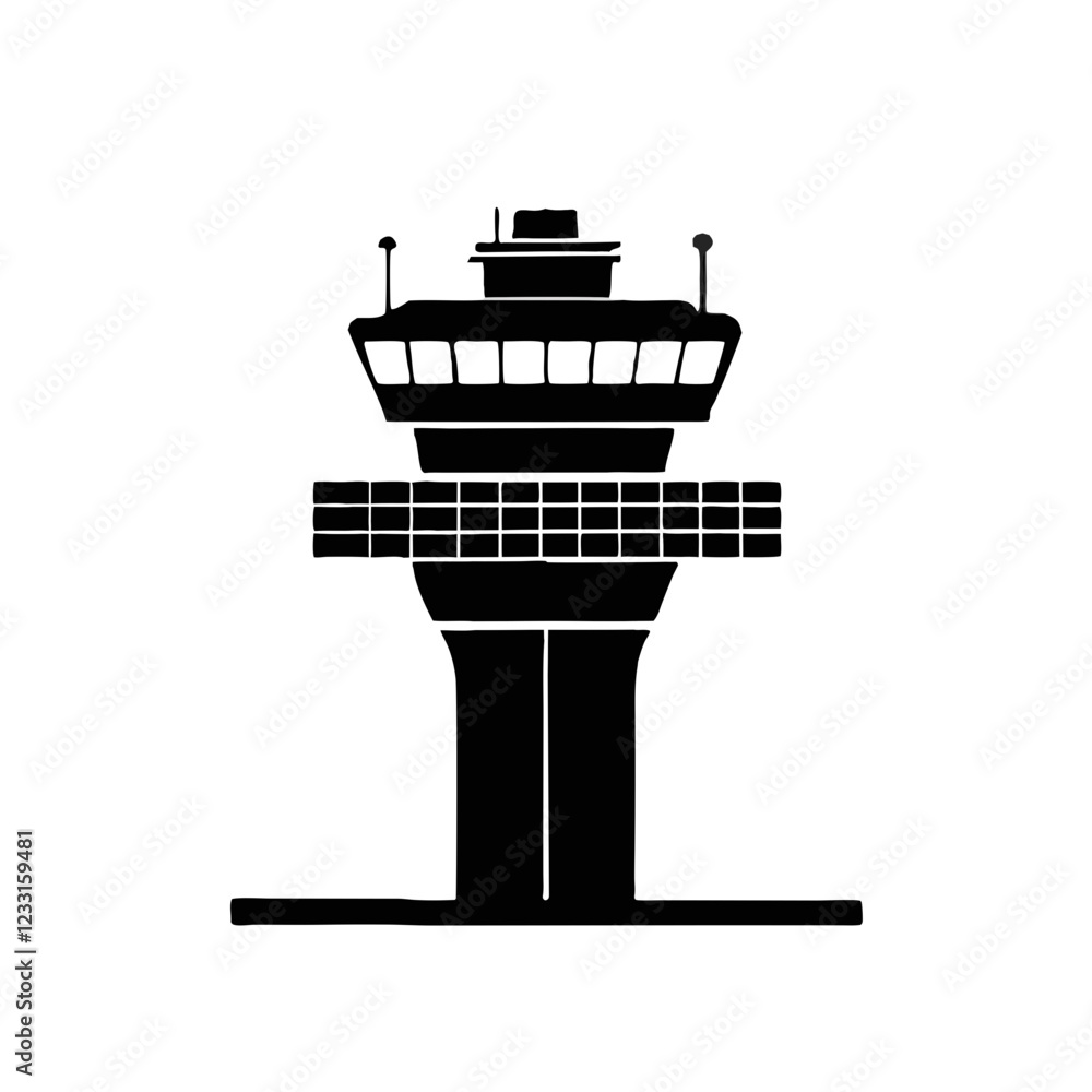 Airport control tower icon in black and white. Stock Vector | Adobe Stock