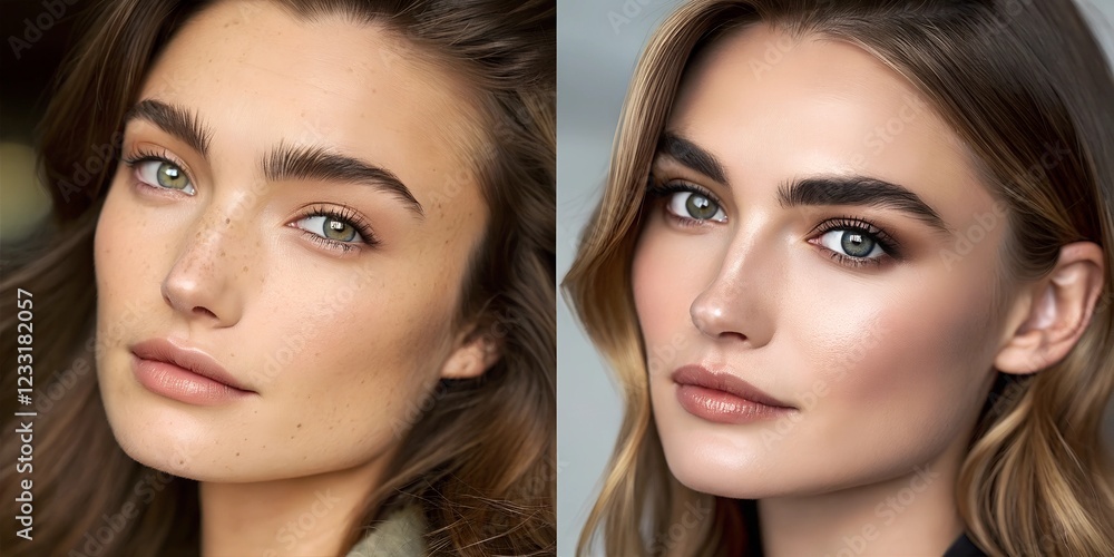 Before and after portrait of a woman with unkempt eyebrows without make ...