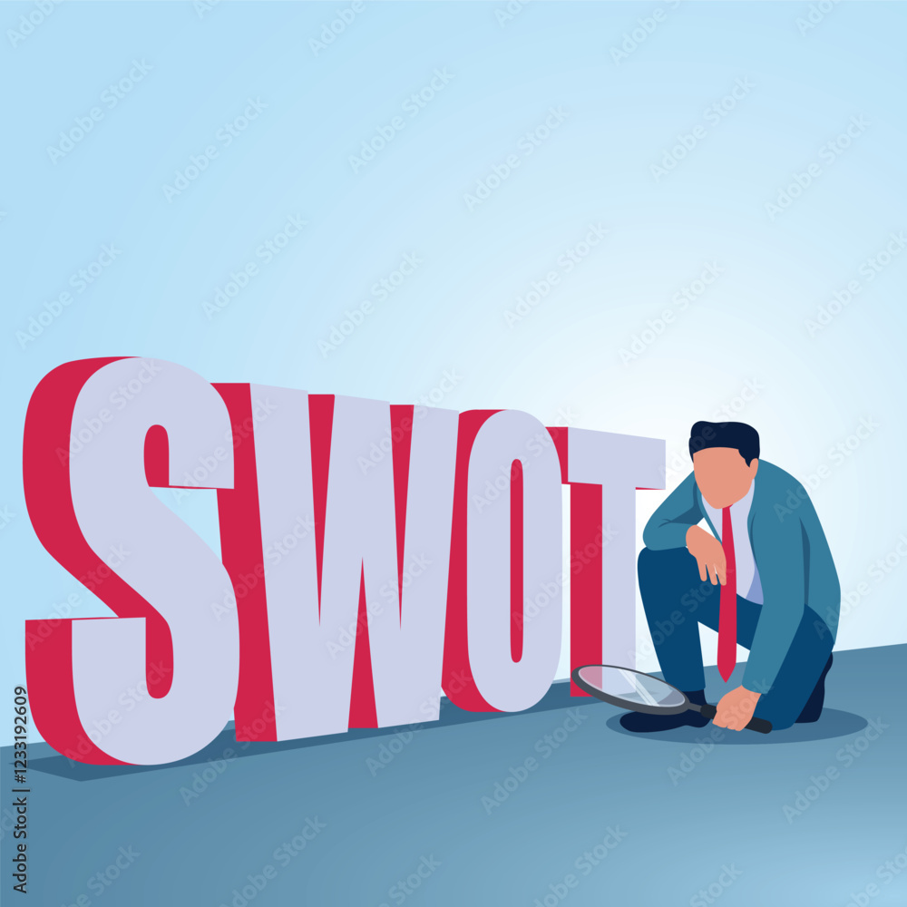 A man with magnify is next to the big word swot. Illustration of swot ...