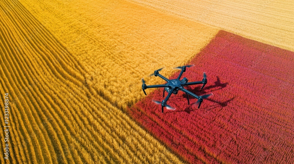 Aerial view of a drone conducting real-time data capture over wheat ...