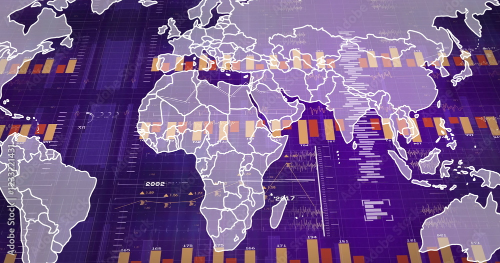 World map with bar charts and data processing image over purple ...