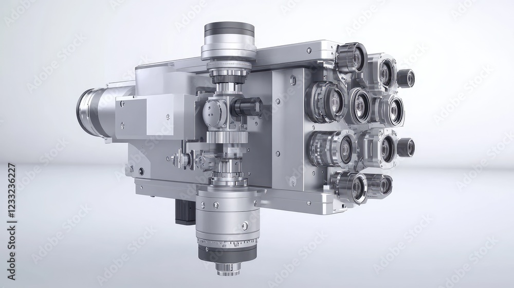 Industrial laser head, precision machining, white background ...