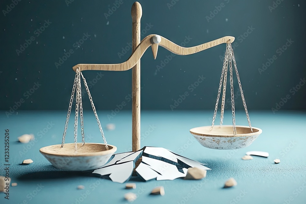 Broken scales of justice; imbalance concept; blue background; legal ...