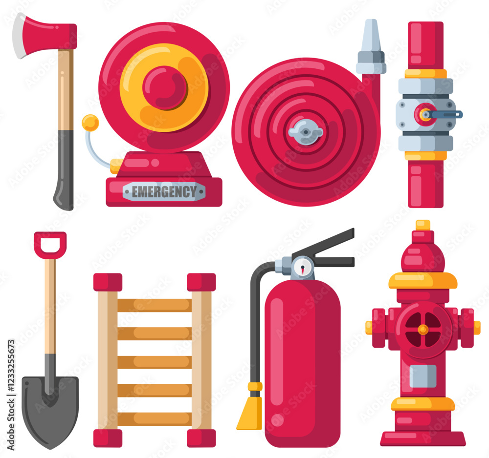 Set of fire fighting equipment on white background. Axe and hydrant ...