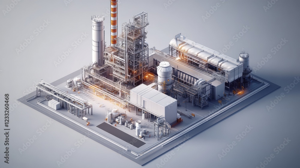 isometric A hydrogen-powered manufacturing plant producing clean energy ...