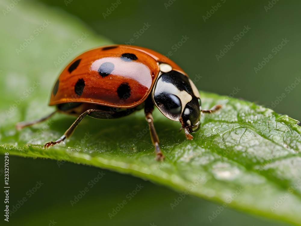 Ladybug on Leaf: A vibrant red ladybug with black spots perches on a ...