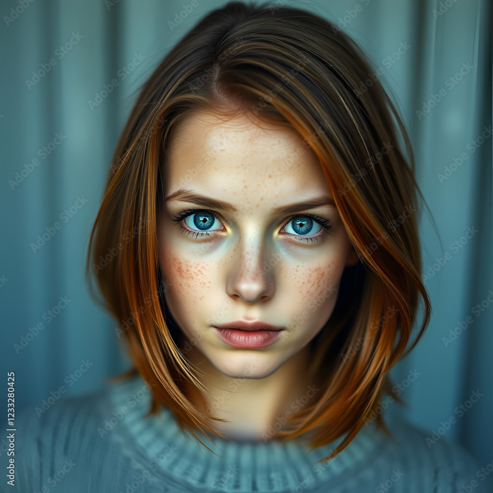 Captivating Gaze: A young woman with shoulder-length auburn hair and ...