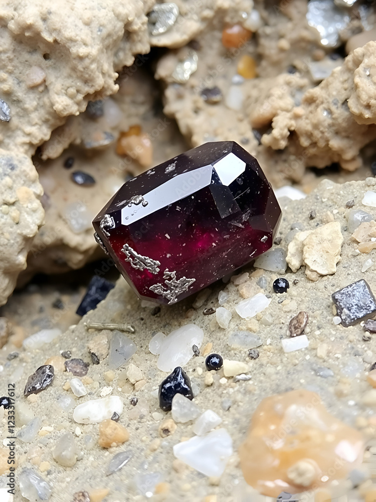 Natural rough pyrope garnet embedded on rock matrix that contain mica ...