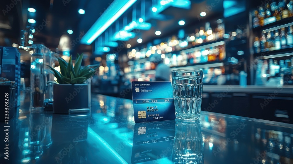Credit card on bar counter with water glass in blurred nightclub ...