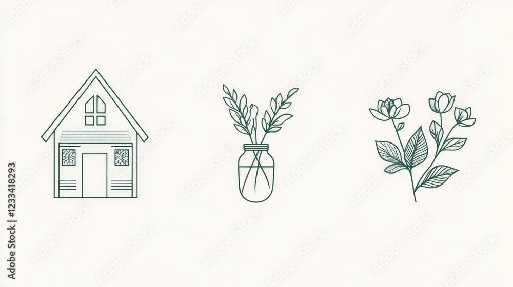 simple architectural logos, delicate floral details, linear house ...