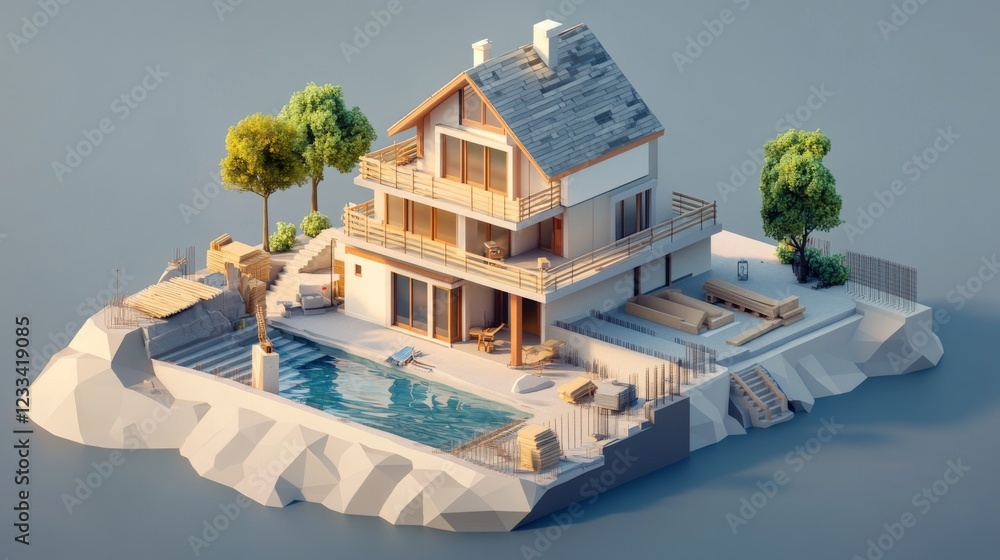 house development phases, low poly modeling style, construction site ...