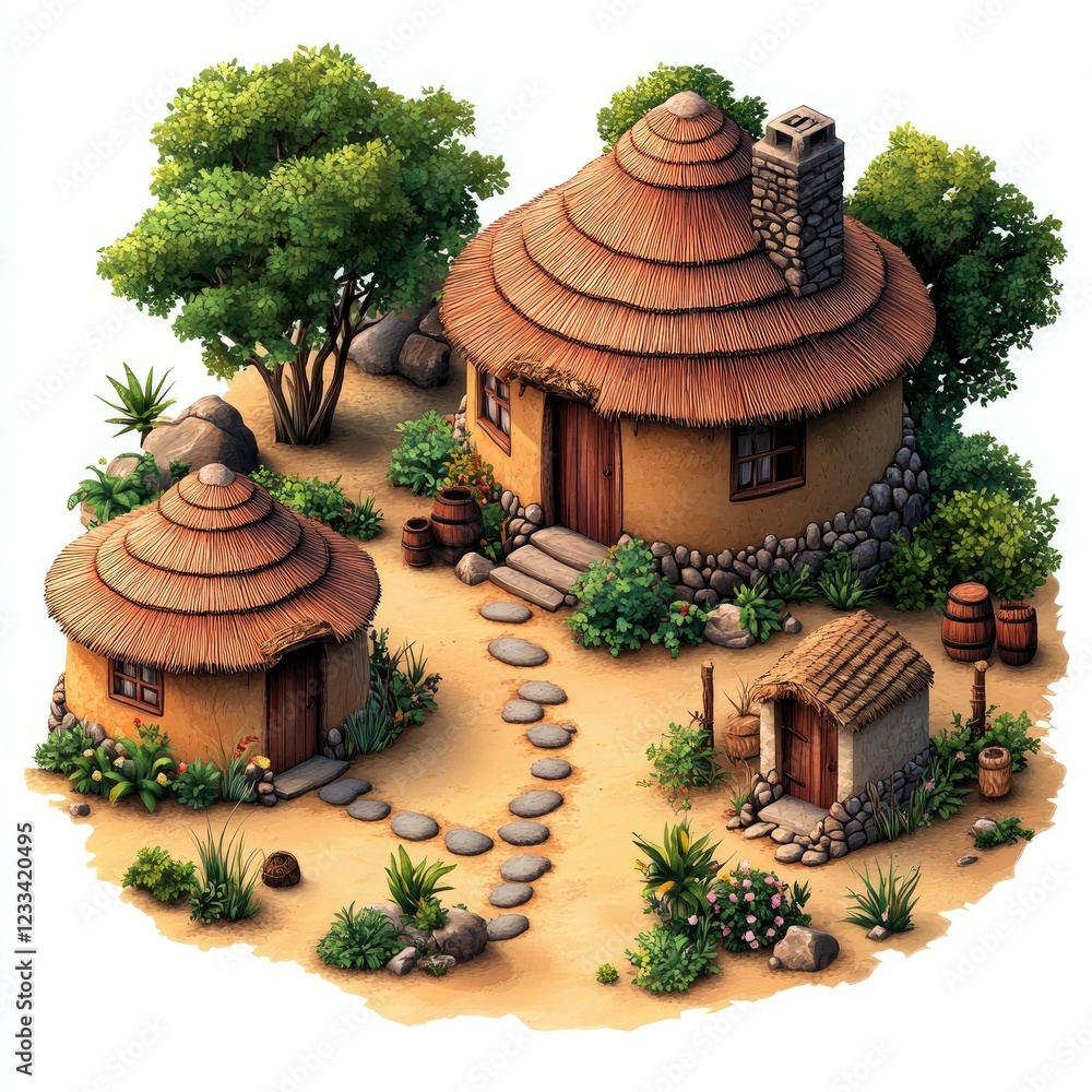 Enchanting Rural Village: Isometric Hut Scene. A picturesque thatched ...