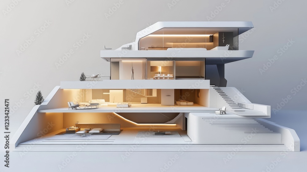 residential cutaway model, contemporary house structure, split level ...