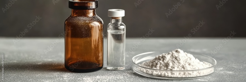Laboratory glassware, white powder, glass vials, amber bottle ...