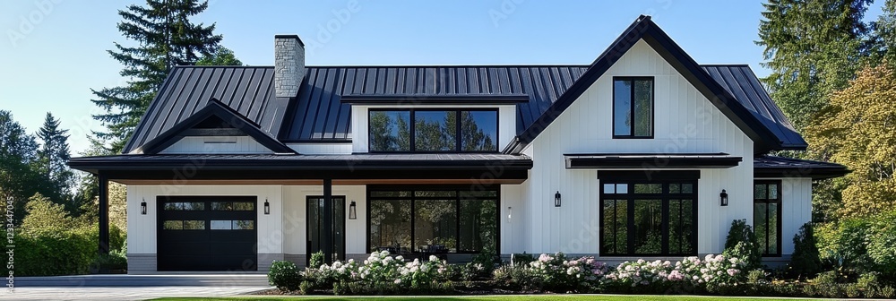 Modern farmhouse exterior, white siding, black roof, large windows ...