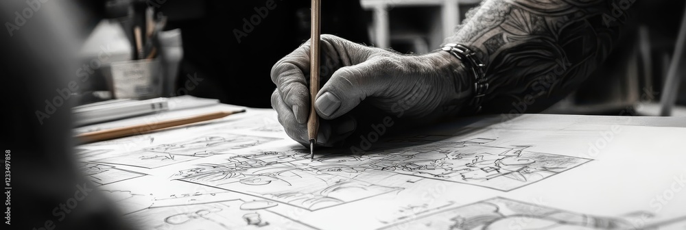 Hand drawing, detailed architectural blueprint, pencil sketch ...